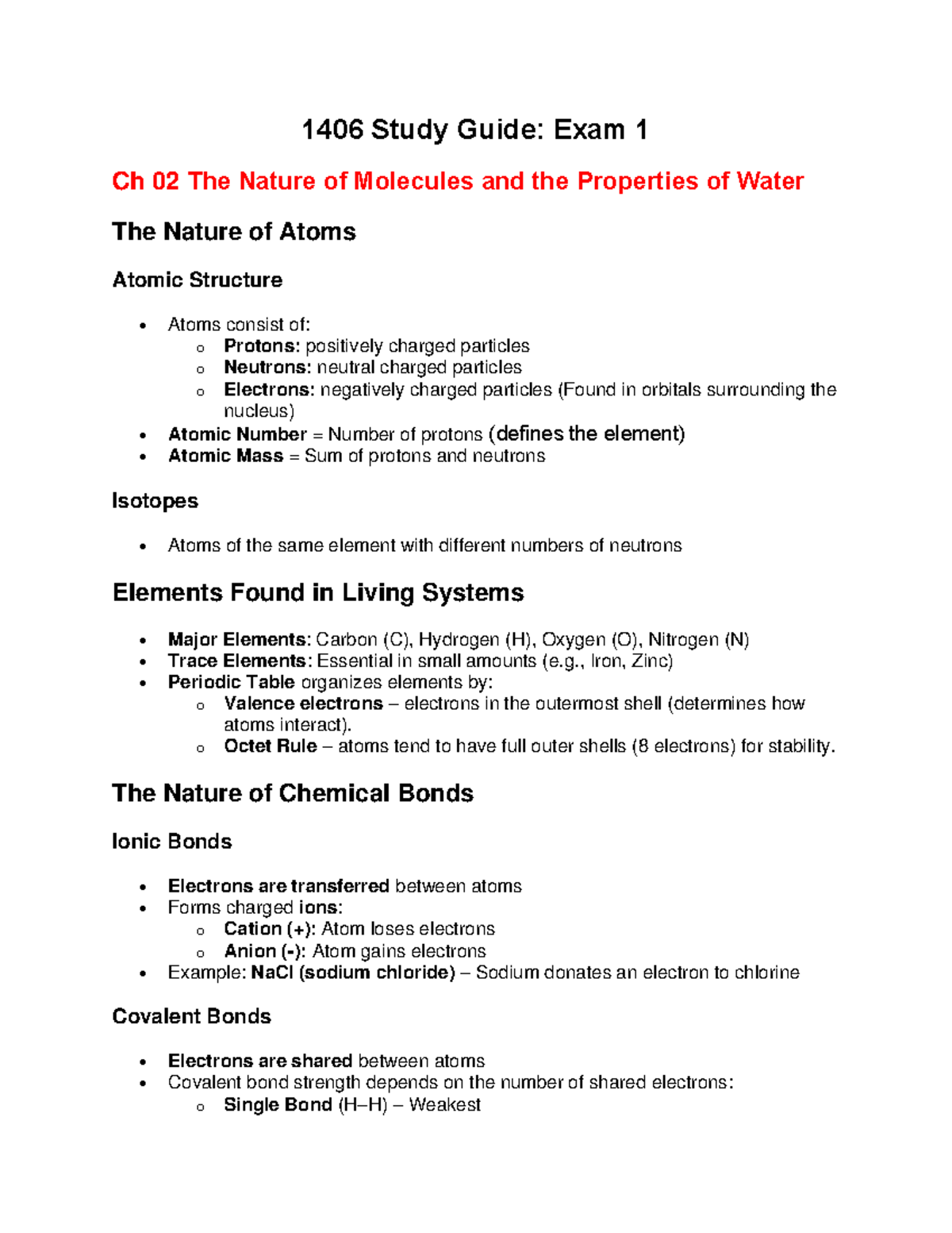 1406 Study Guide: Exam 1 - Molecules, Chemical Properties & Cells - Studocu