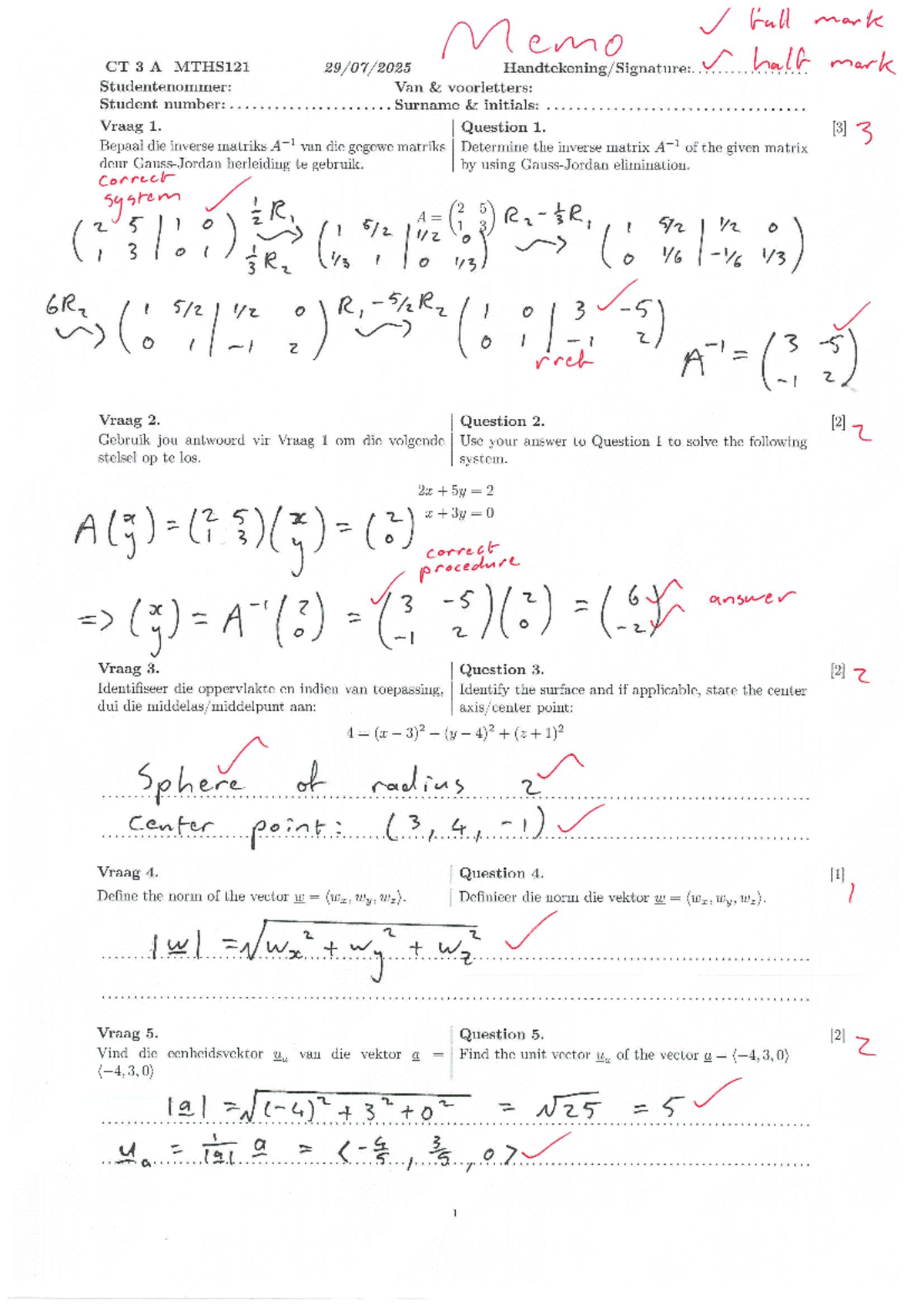 MTHS121 Test 3 Memo: Inverse Matrices & Vector Norms - Studocu