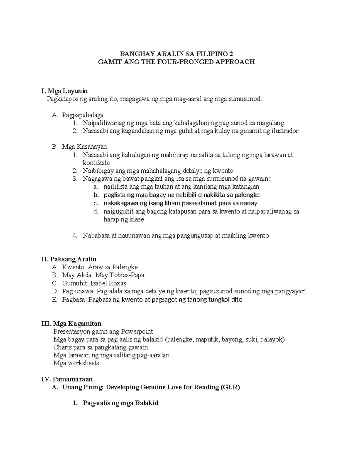 Banghay Aralin sa Filipino 2: Four-Pronged Approach Activities - Studocu