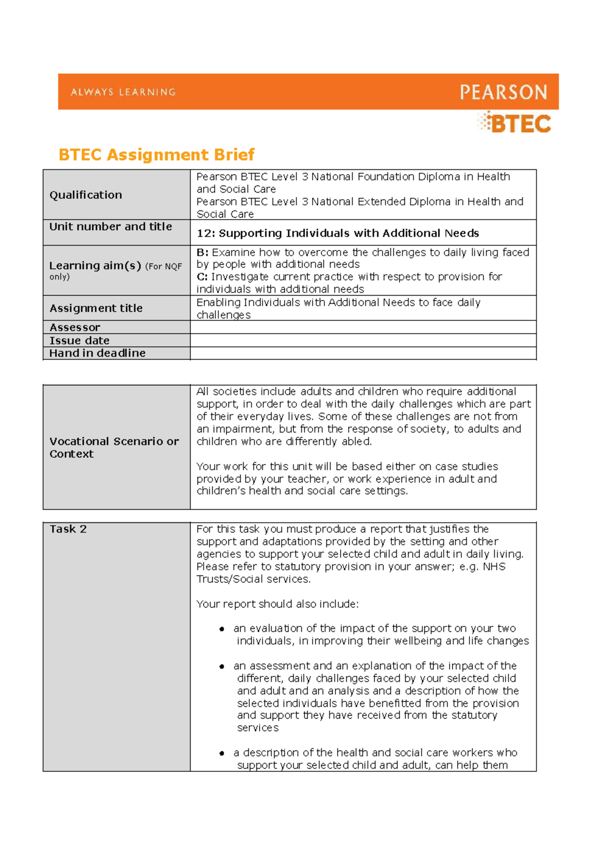Unit 12 - Assignment Brief: Supporting Individuals with Additional ...
