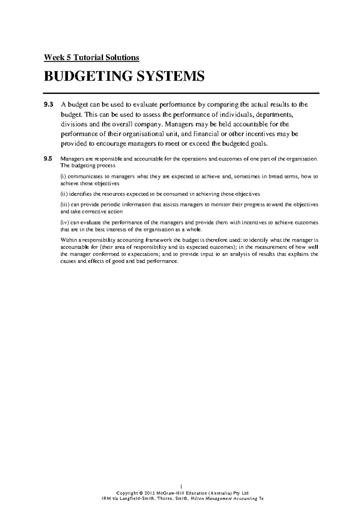 Week 5 Tutorial Solutions - Week 5 Tutorial Solutions BUDGETING SYSTEMS ...