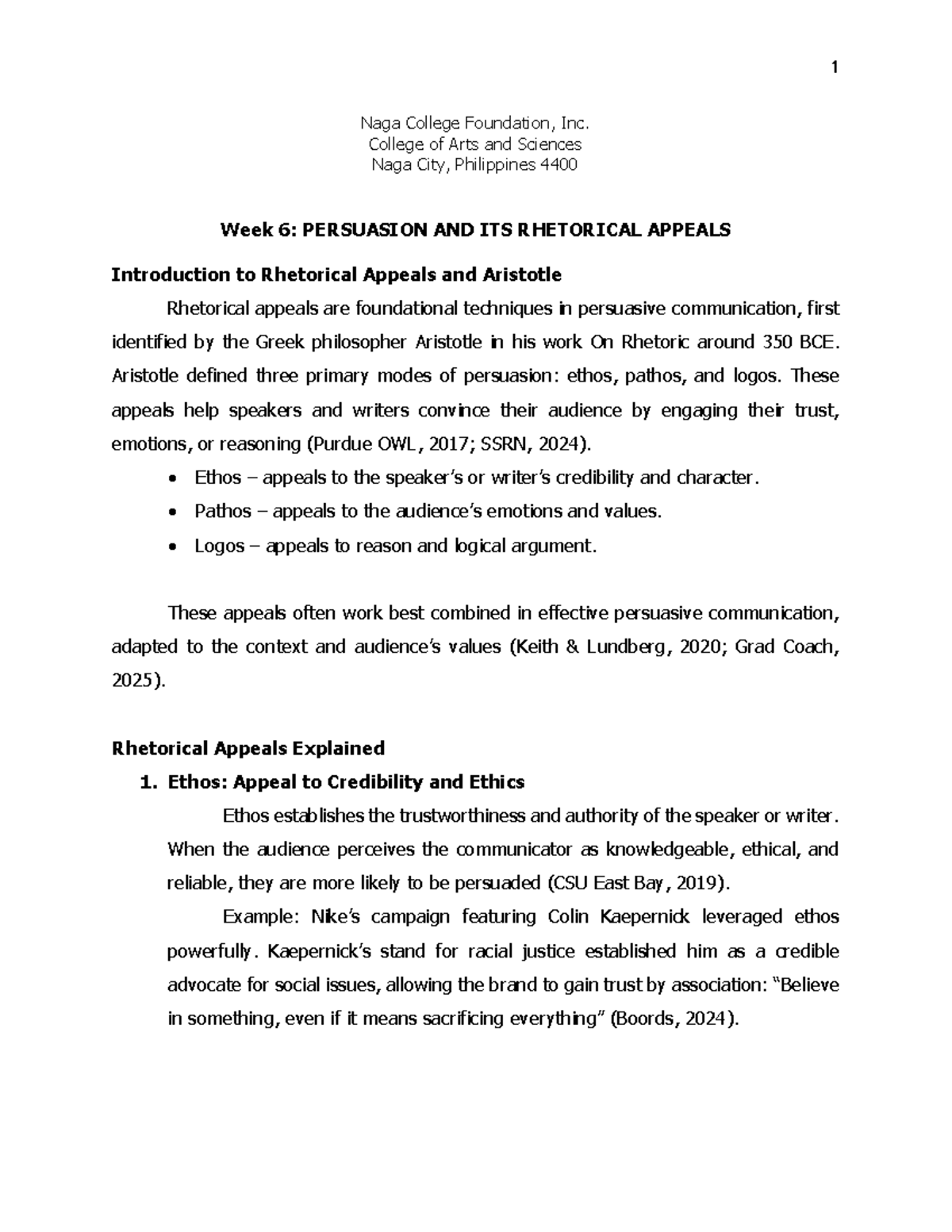 Week 6: Persuasion & Rhetorical Appeals (Ethos, Pathos, Logos) - Studocu