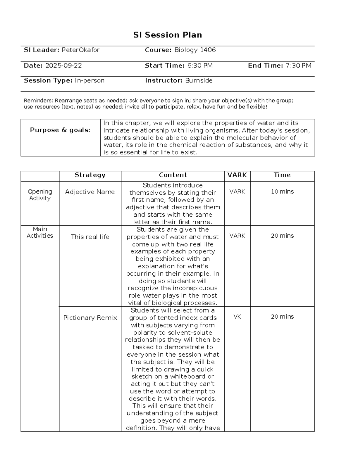Biology 1406 SI Session Plan: Exploring Water Properties - Studocu
