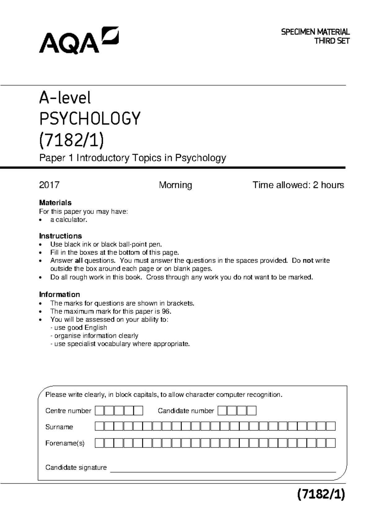 Paper 1 Practice: Specimen Material for Psychology (2017) - Studocu