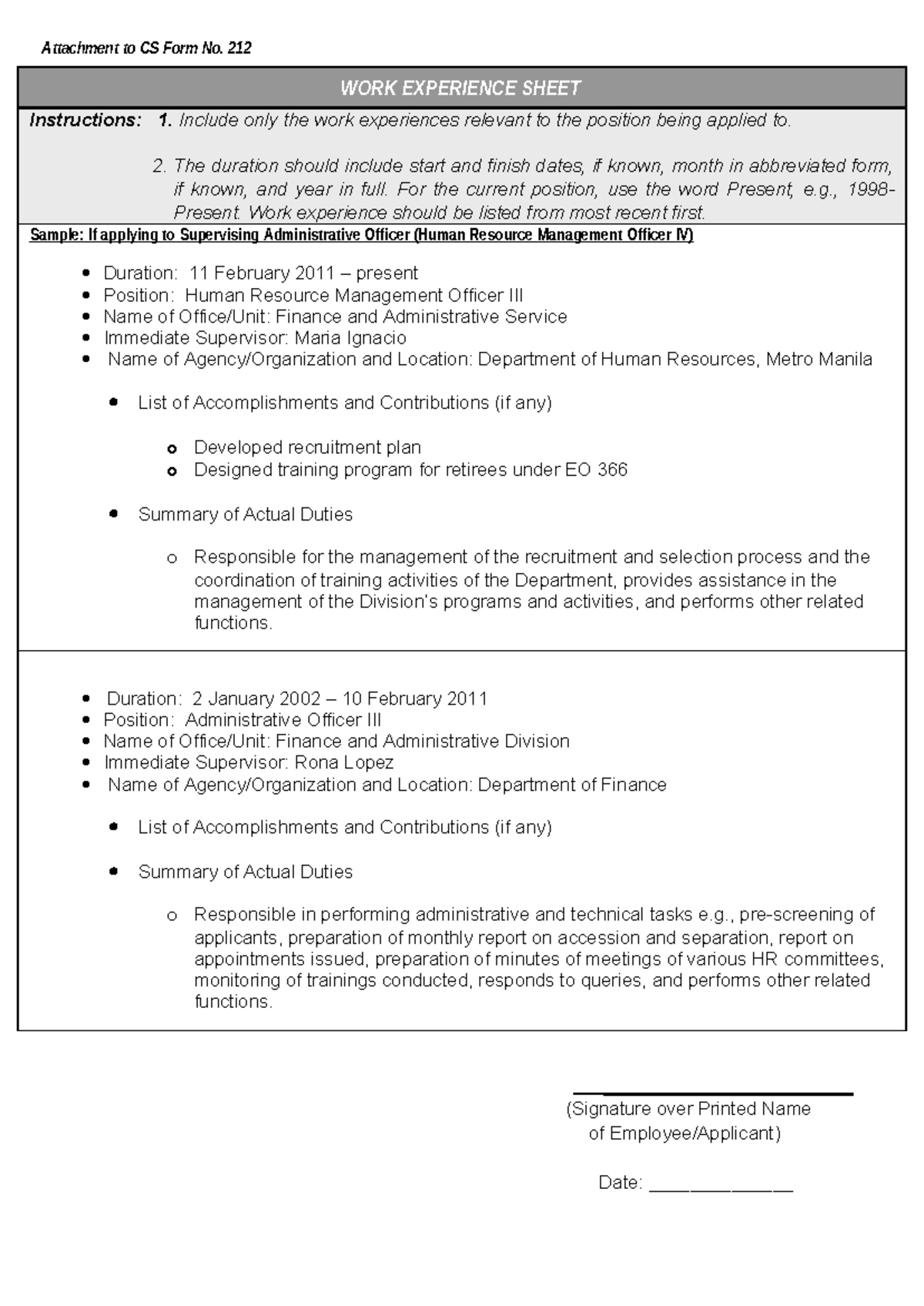Annex H-2: CS Form No. 212 - Work Experience Sheet Instructions - Studocu