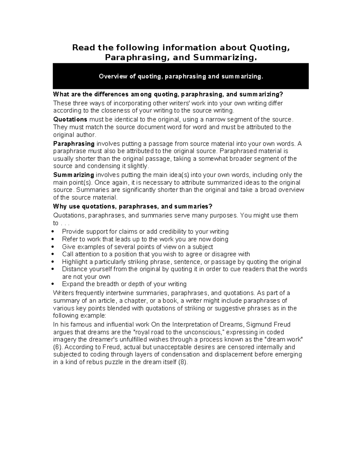 Quoting, Paraphrasing, and Summarizing: Key Concepts and Techniques ...