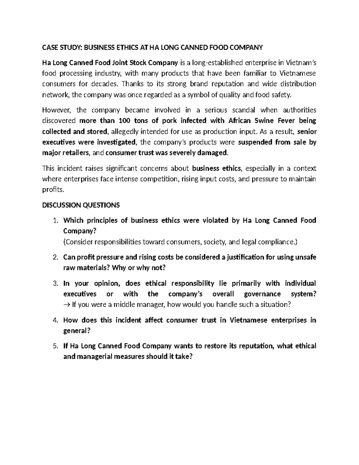 CASE STUDY: BUSINESS ETHICS IN HA LONG CANNED FOOD CO. - Studocu