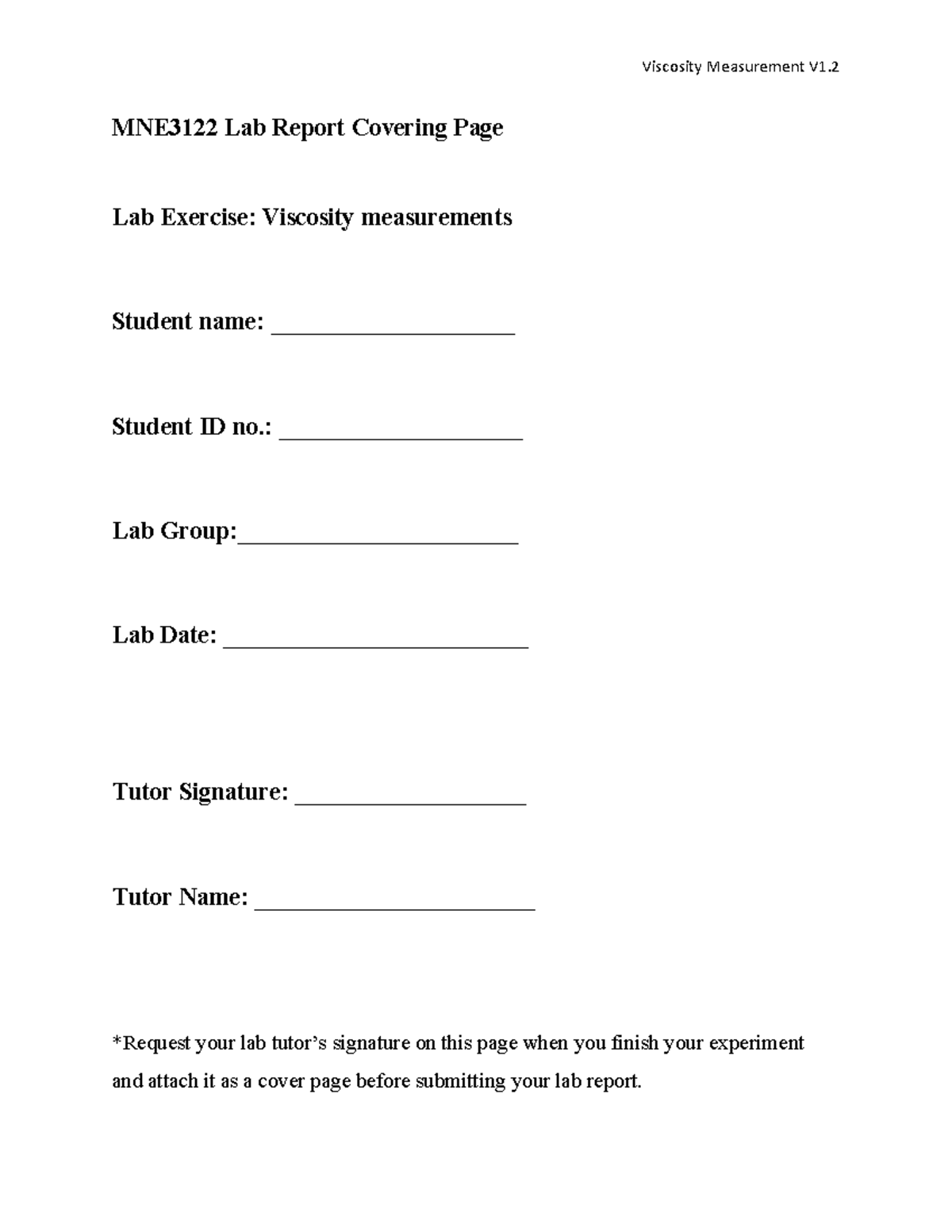 Lab Sheet MNE3122: Viscosity Measurements - Experimental Details - Studocu