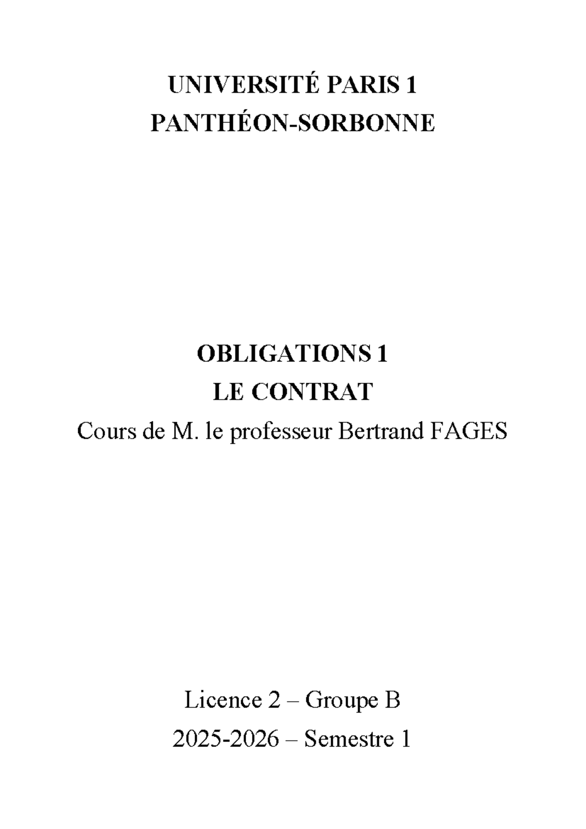 Fascicule TD 2025-2026 : Obligations 1 - Cours de M. Fages, Groupe B - Studocu