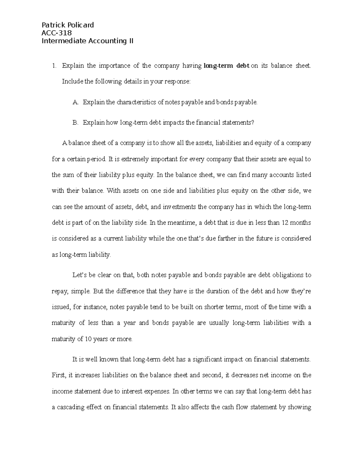 Patrick Policard Intermediate Accounting II project one analysis paper ...