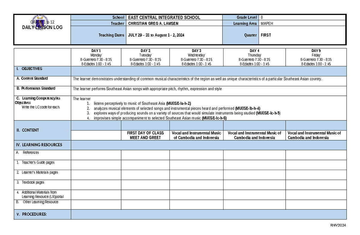 Mapeh Q1W1 - DLL music 8 - GRADE 1 to 12 DAILY LESSON LOG School EAST CENTRAL INTEGRATED SCHOOL ...