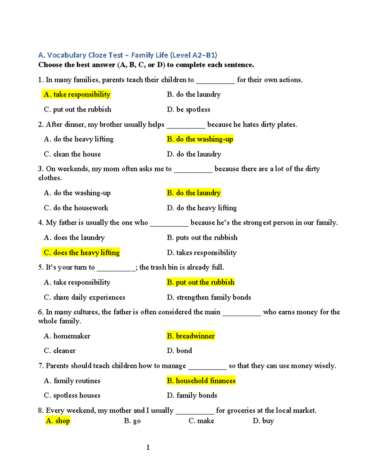 Family Life Vocabulary Cloze Test (Level A) - Studocu