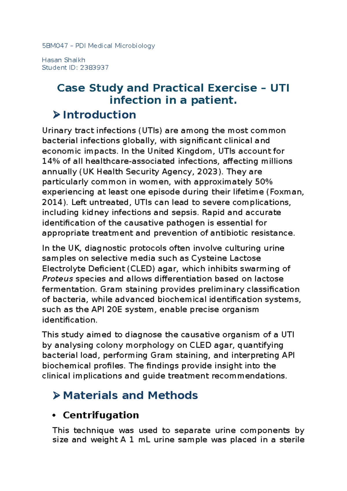 5BM047 PDI Medical Microbiology: UTI Infection Case Study & Practical ...