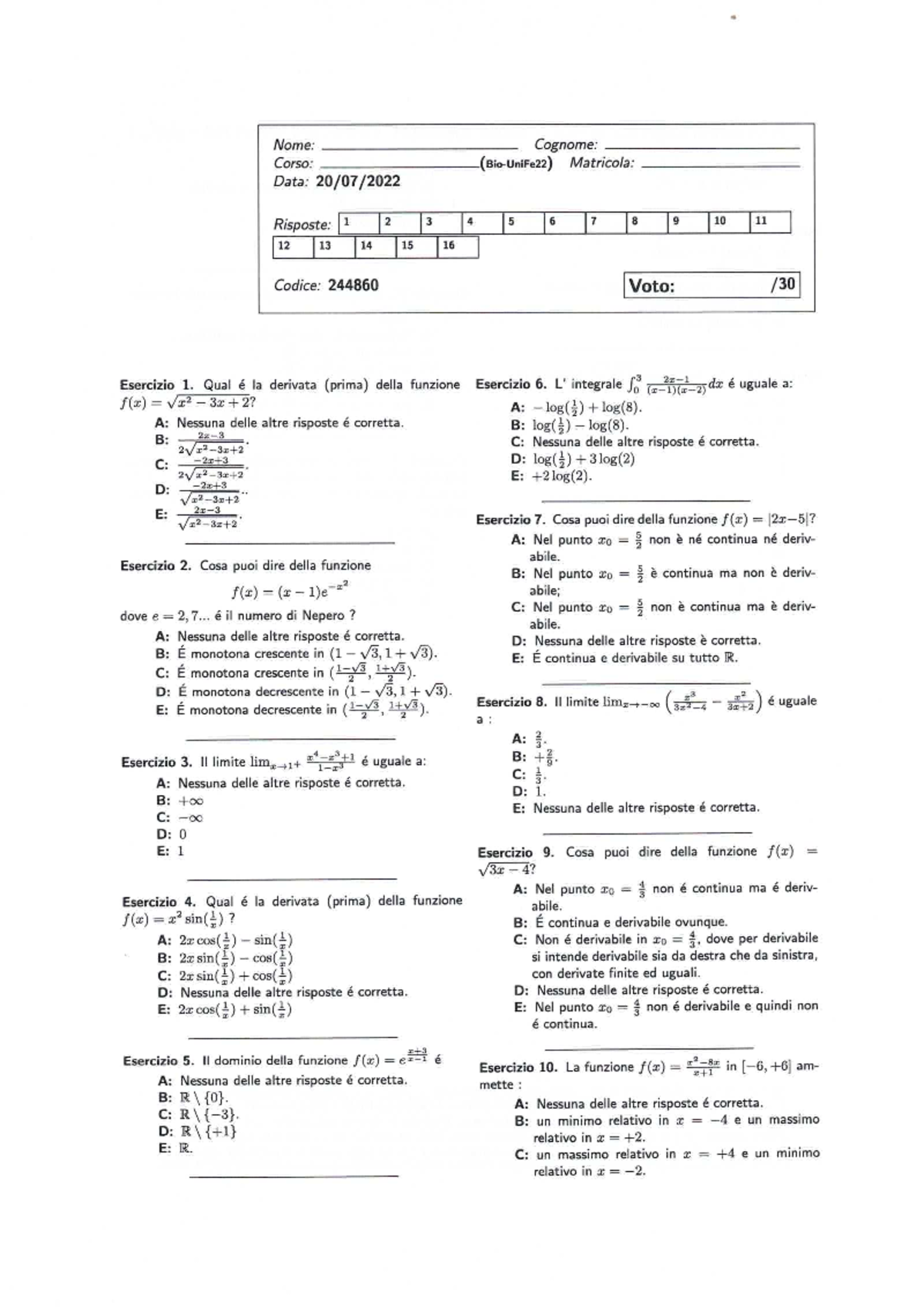 Esame Tipo di Matematica - Esercizi e Risposte - Studocu