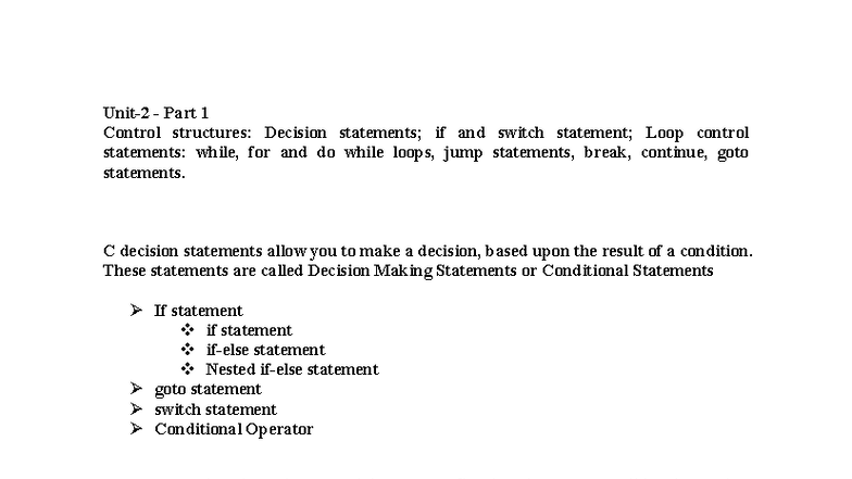 C Programming Control Structures: Decision & Loop Statements (Unit 2 ...