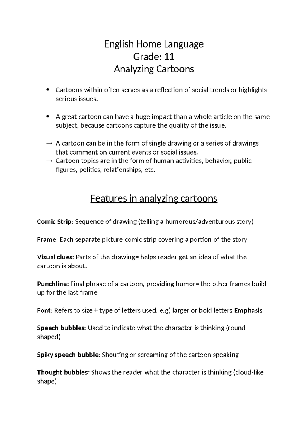 Grade 11 English HL: Analyzing Cartoons - Lesson Notes - Studocu