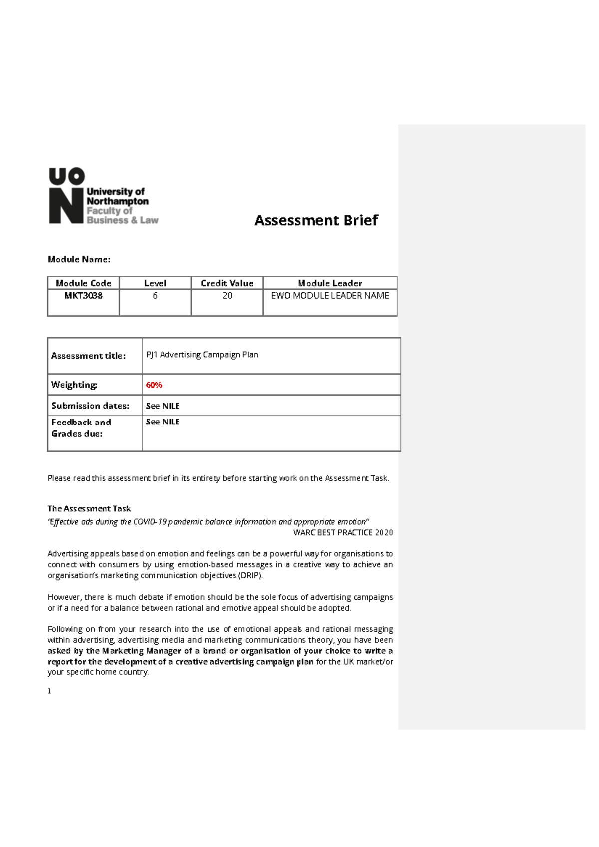 Advertising 7:1 - ádfaa - Assessment Brief Module Name: Module Code ...
