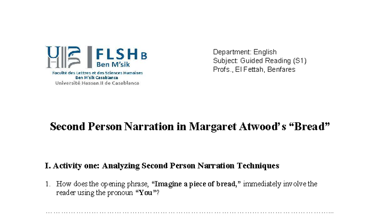 Bread Margret Atwood (Student Sheet) - Second Person Narration in ...