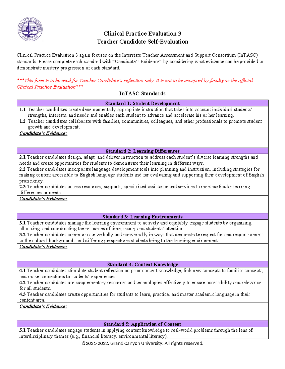 Clinical Practice Evaluation 3: Self-Assessment Guide for Teacher ...