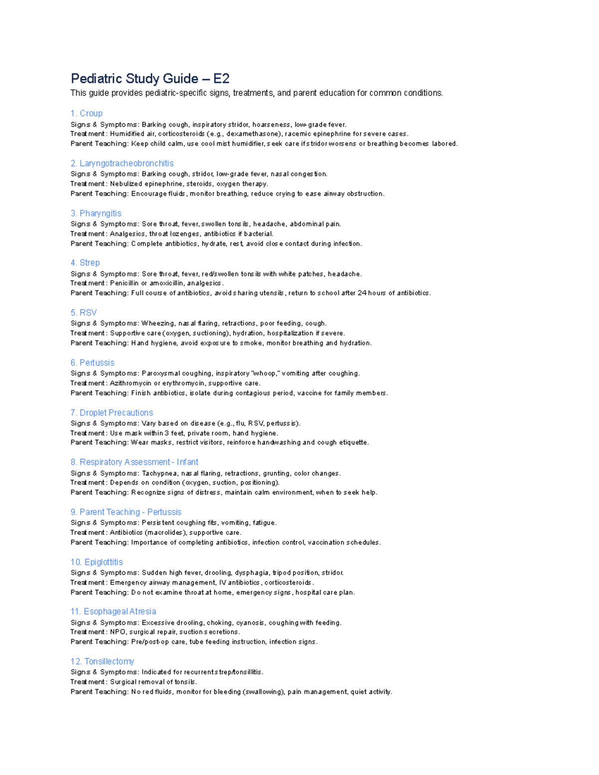 Pediatric Study Guide E2: Common Conditions & Treatments - Studocu