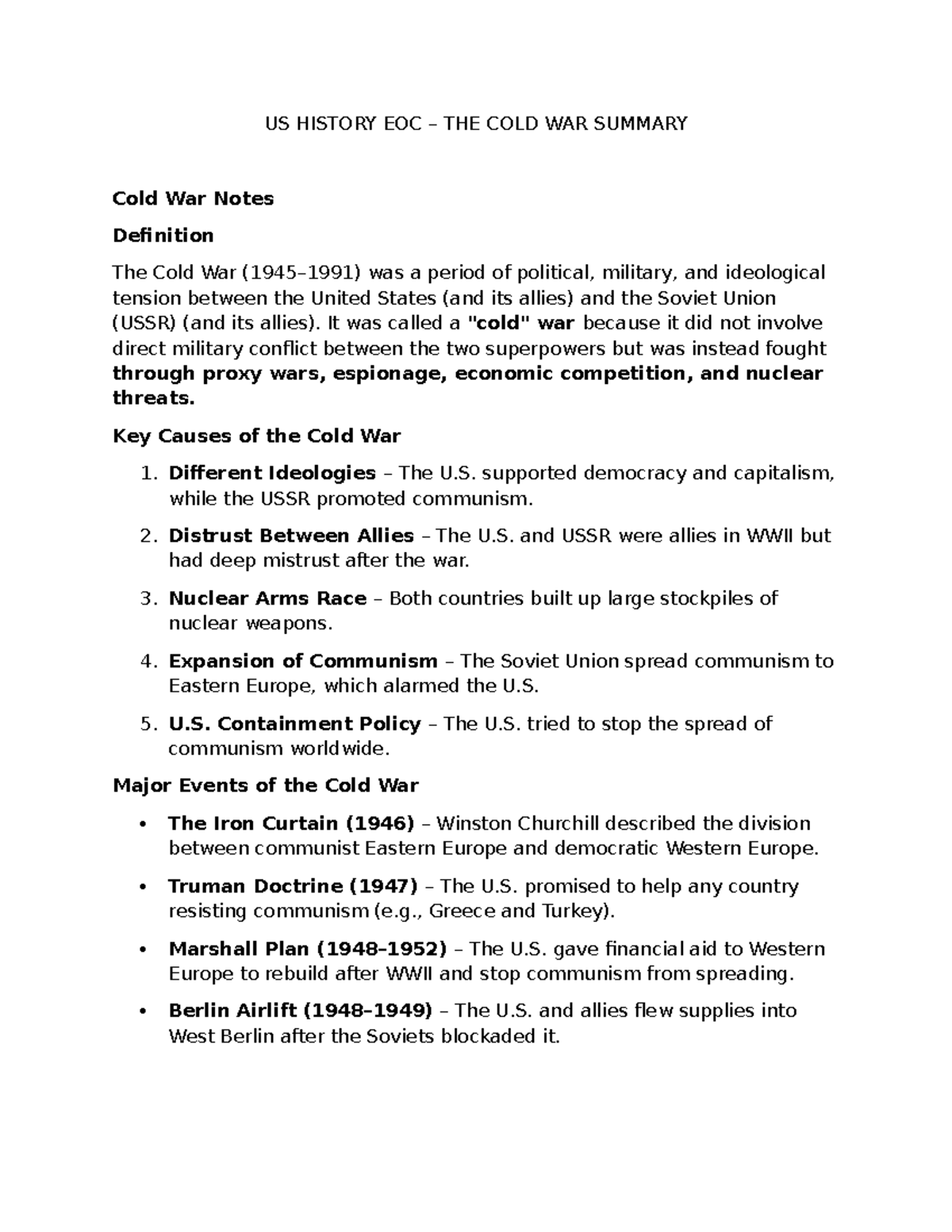 COLD WAR Summary -1 - Prepare for the eoc - US HISTORY EOC – THE COLD ...