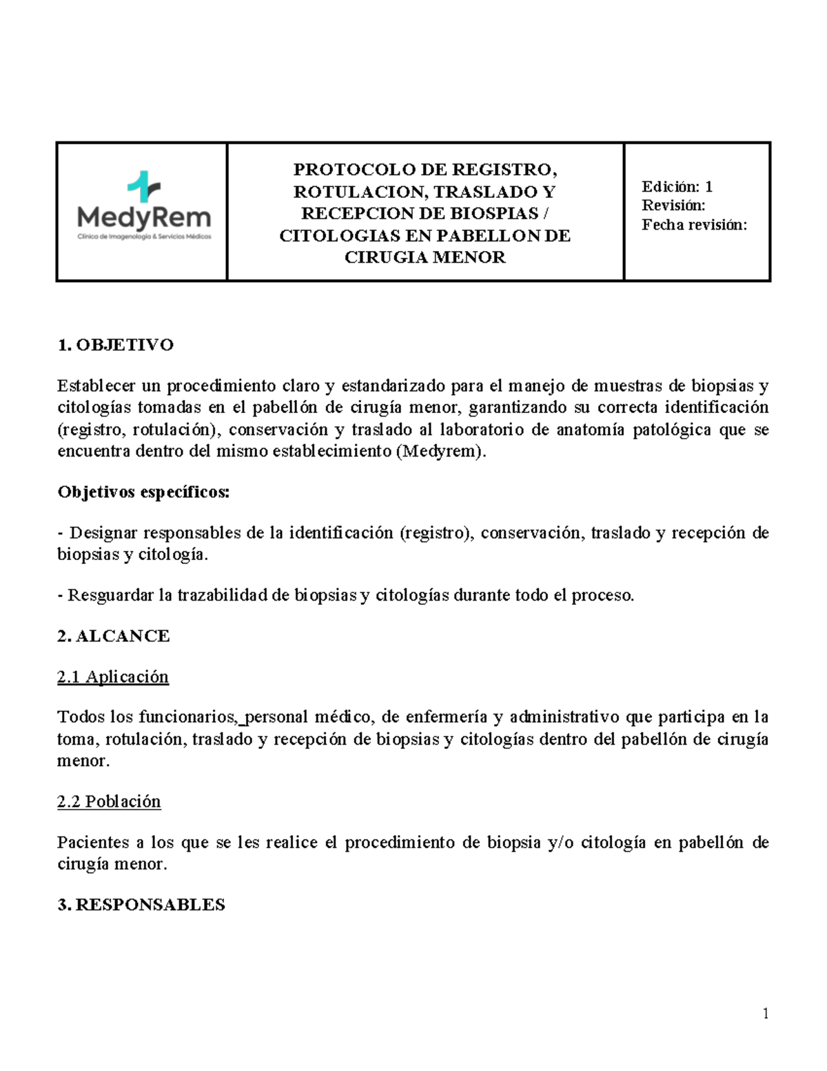 Protocolo para Recepción y Traslado de Biopsias en Cirugía Menor - Studocu