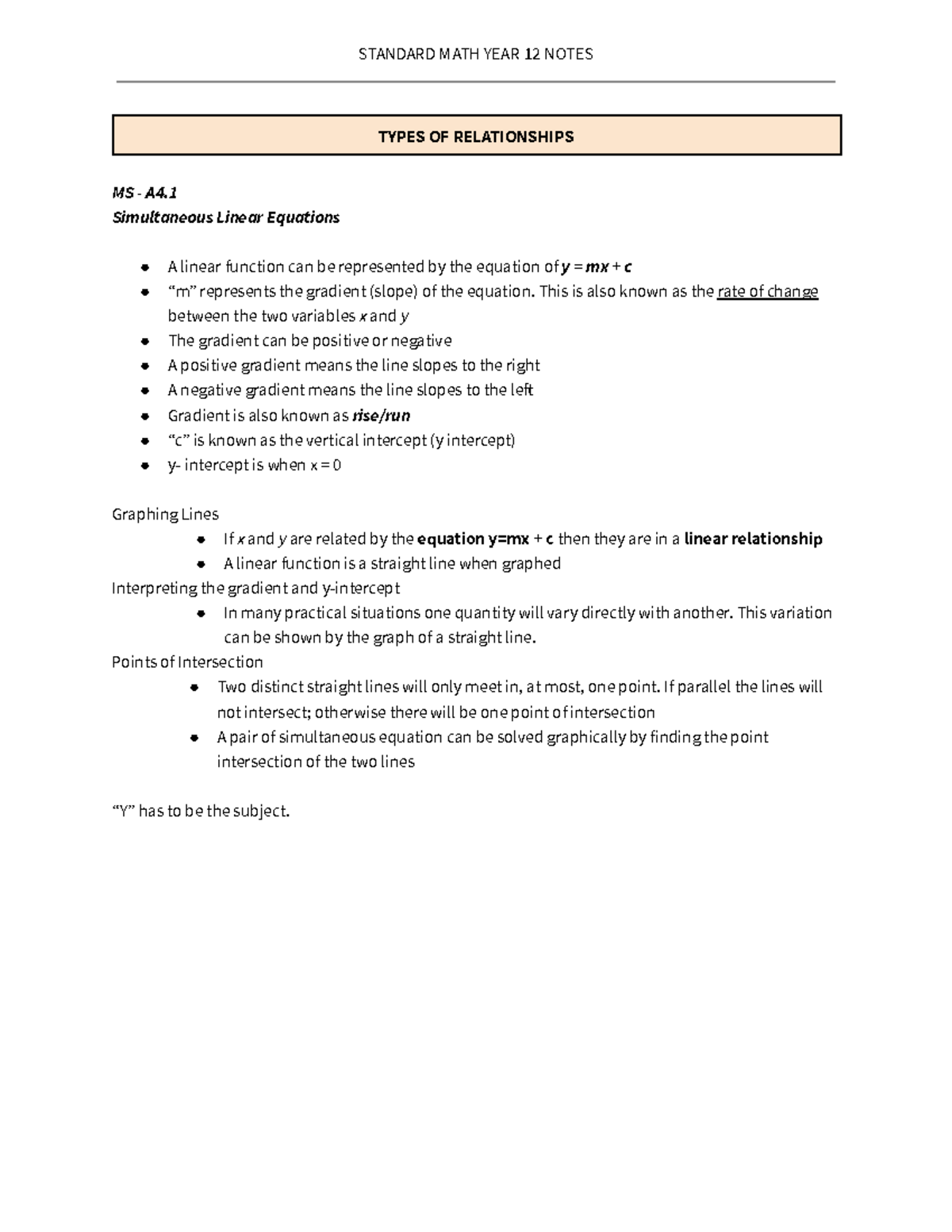 Year 12 Standard Math Notes: Types of Relationships & Equations - Studocu