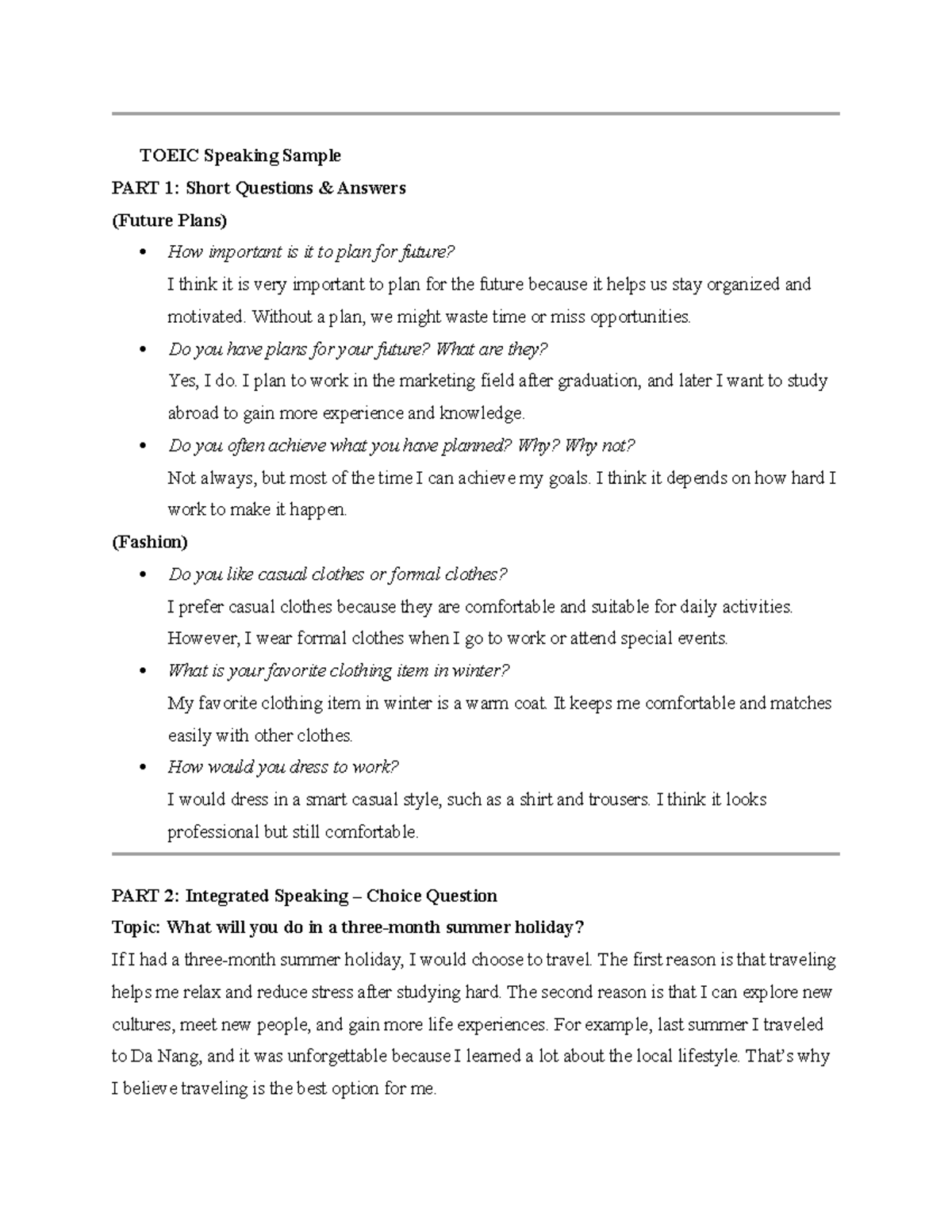 TOEIC Speaking Sample: Future Plans & Travel Insights - Studocu