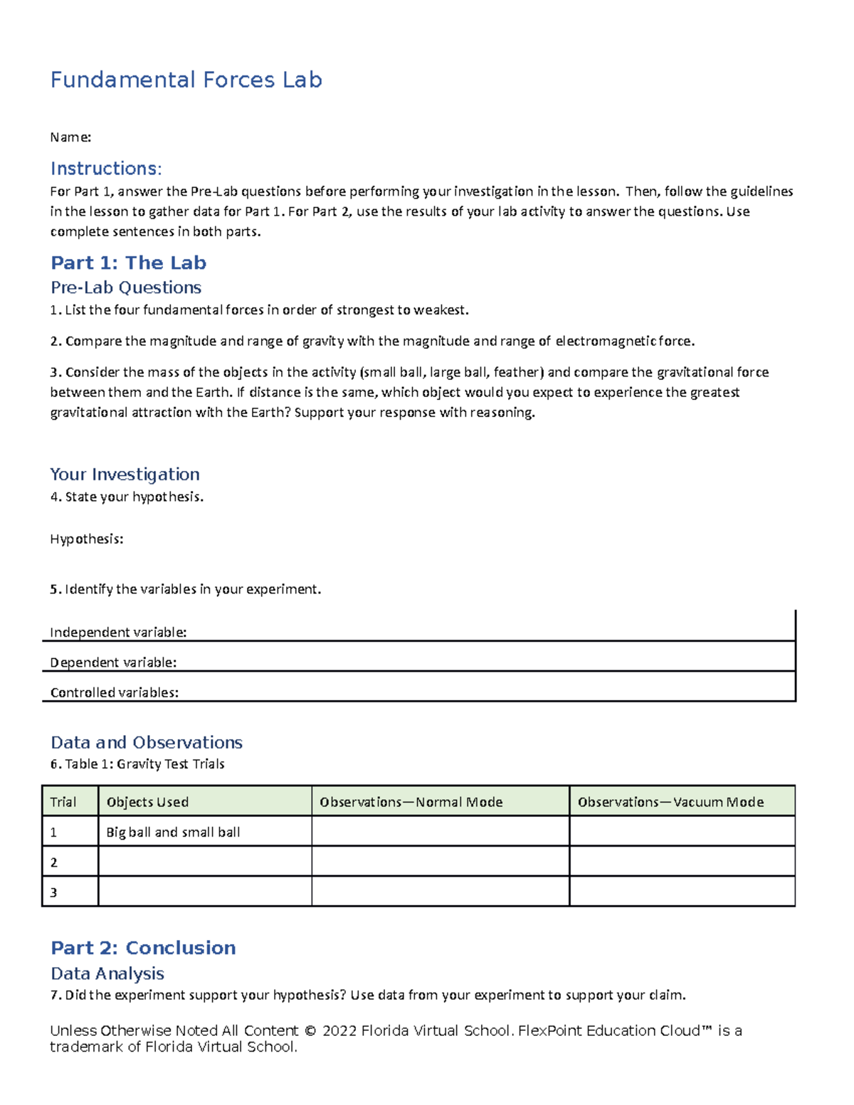 01 06 Worksheet - Fundamental Forces Lab Activity - Studocu