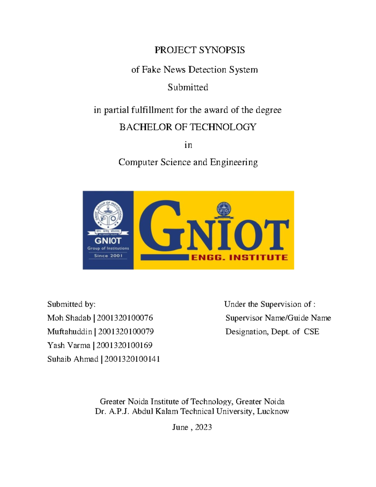 B.Tech Project Synopsis: Fake News Detection System Analysis - Studocu