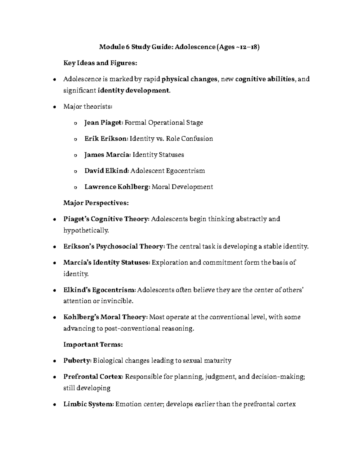PSYC 140 Module 6 Study Guide: Key Concepts in Adolescence - Studocu