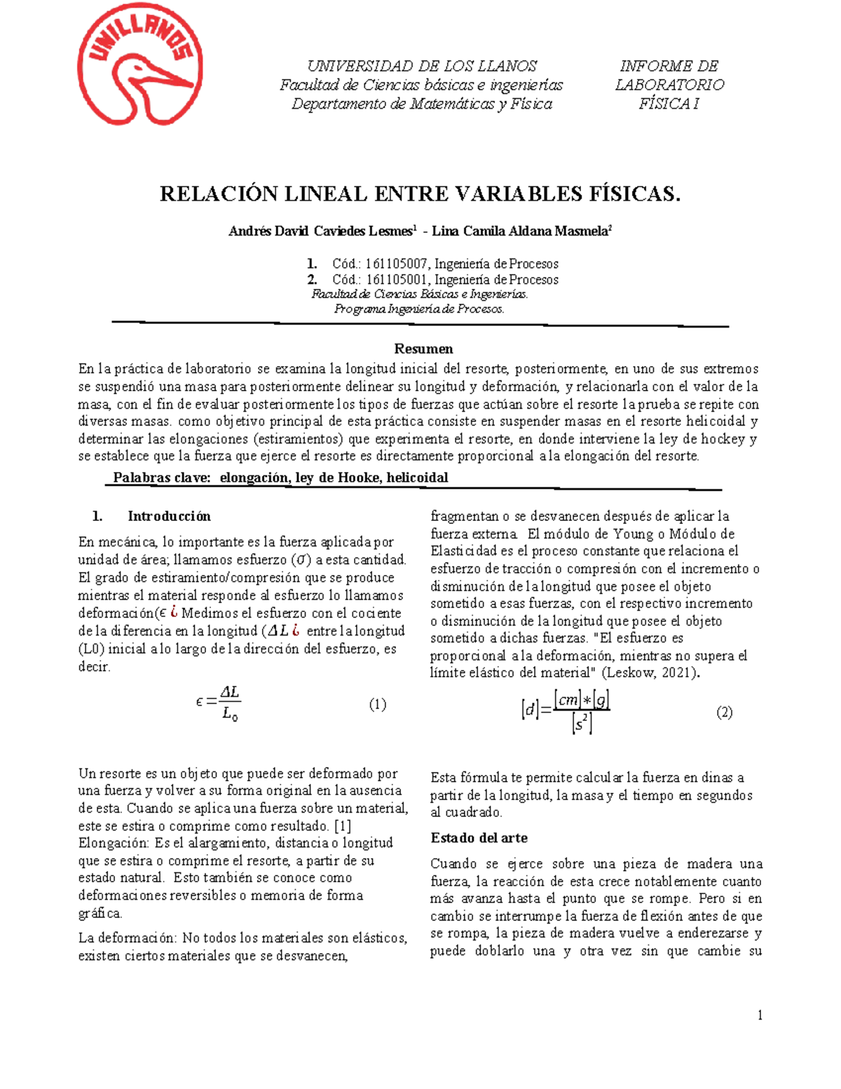 Informe de Laboratorio: Relación Lineal entre Fuerza y Deformación ...