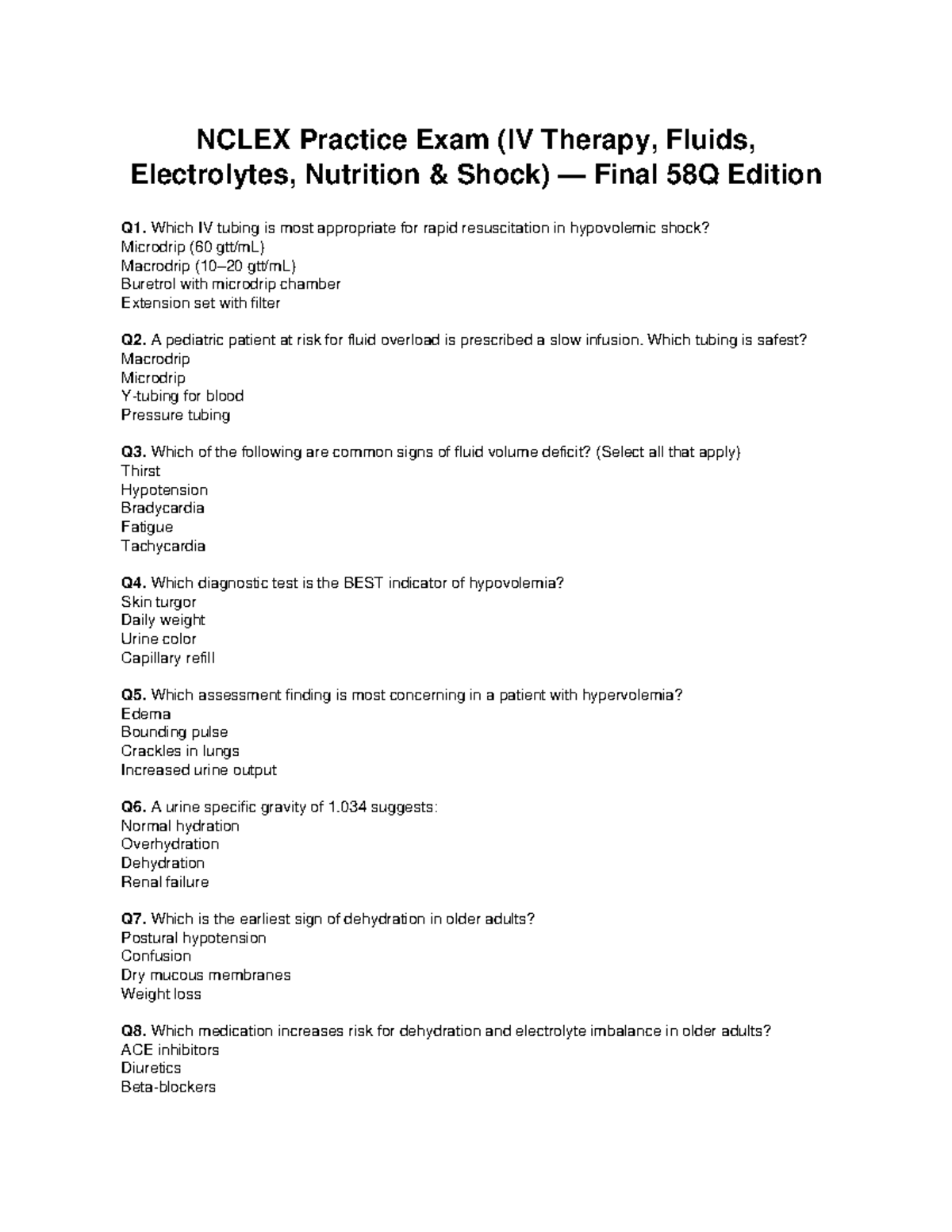 NCLEX Final Exam 58Q: IV Fluids & Shock Practice Questions - Studocu