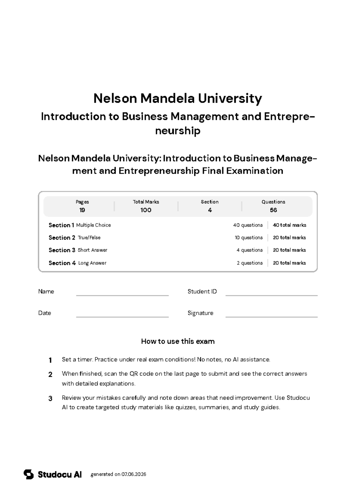 Introduction to Business Management Final Exam - Studocu