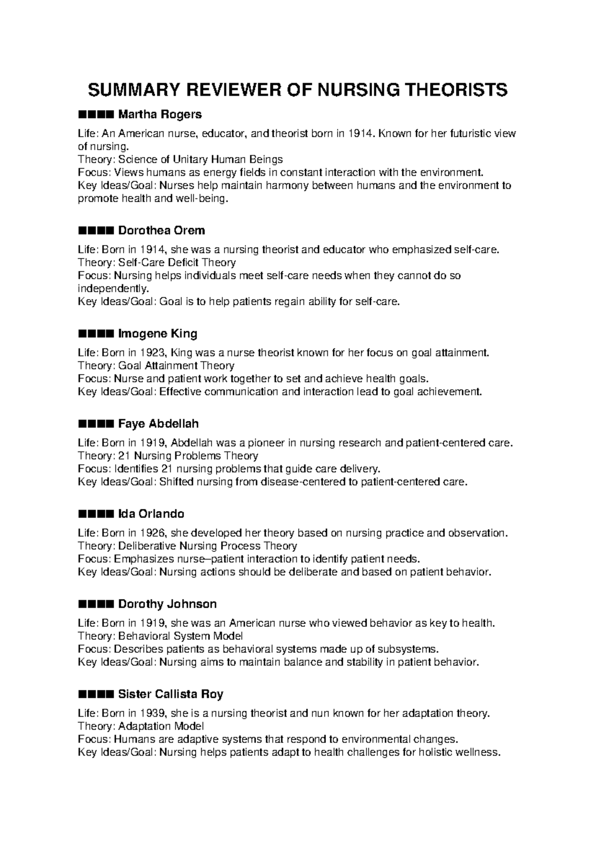 NUR 101: Summary Reviewer of Key Nursing Theorists and Their Theories ...