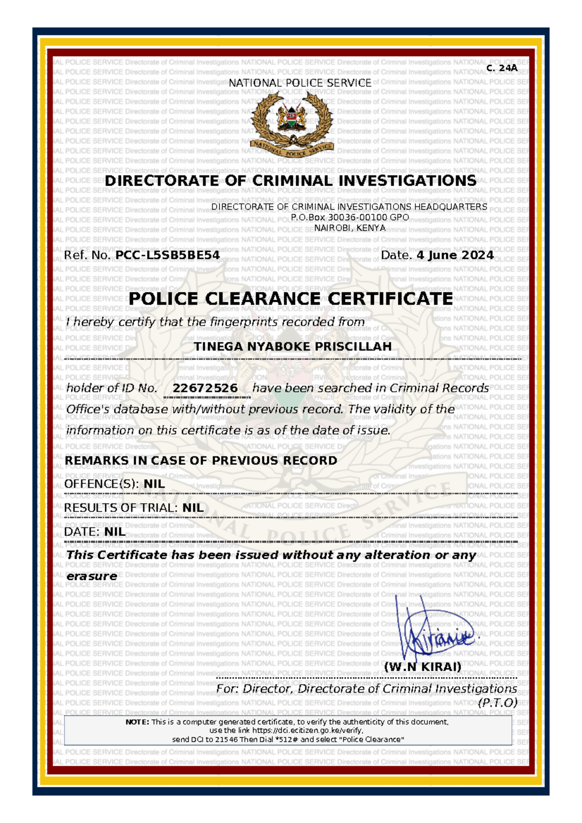 PCC-L5SB5BE54 - Police Clearance Certificate Issued on 4 June 2024 ...