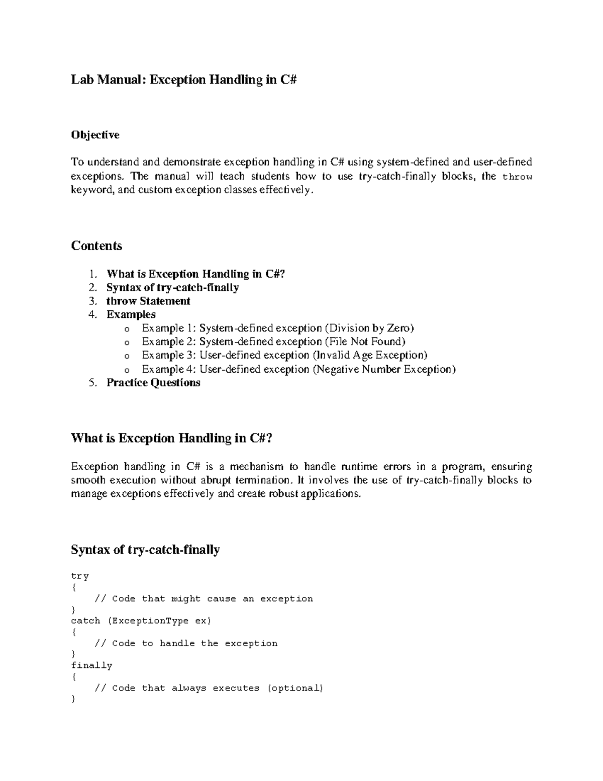 Lecture 6 Lab Manual: Exception Handling in App Prog 2 - Studocu