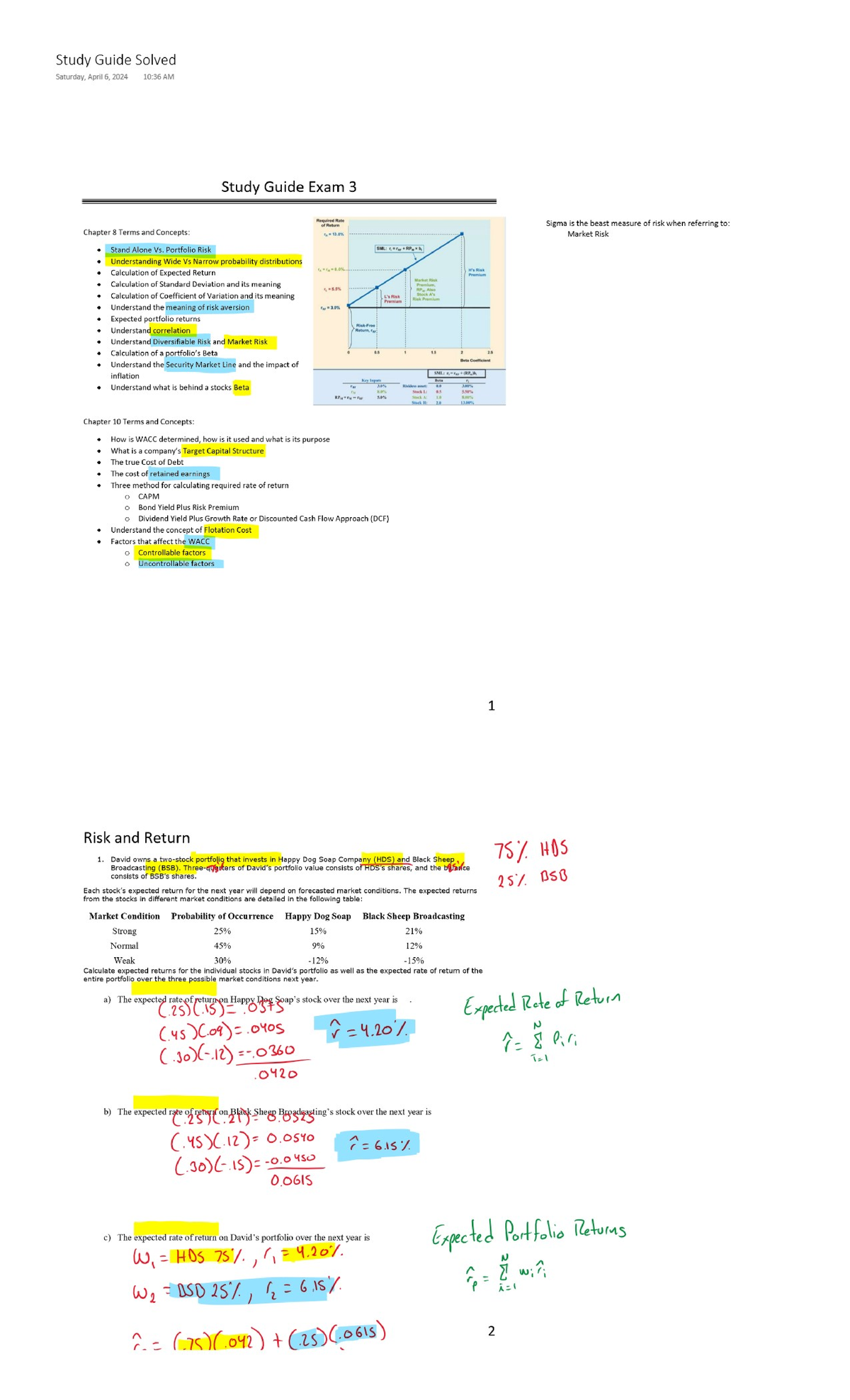 Exam 3 Study Guide - Risk and Return Concepts in Finance - Studocu