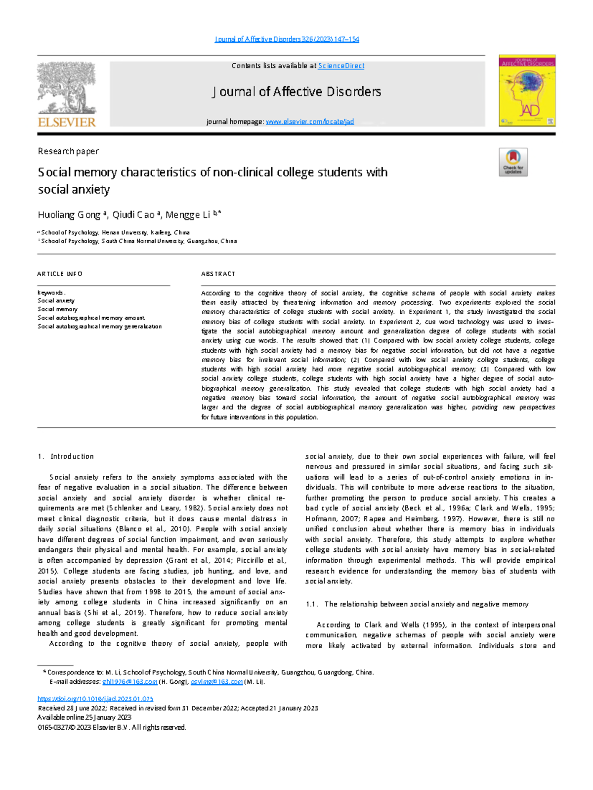 Social Memory Bias in College Students with Social Anxiety: A Study ...