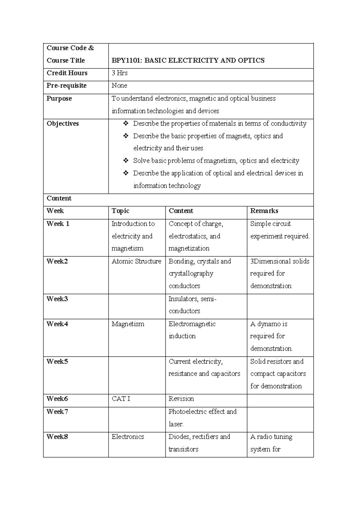 BPY 1101 Basic Electricity & Optics Course Overview and Topics - Studocu