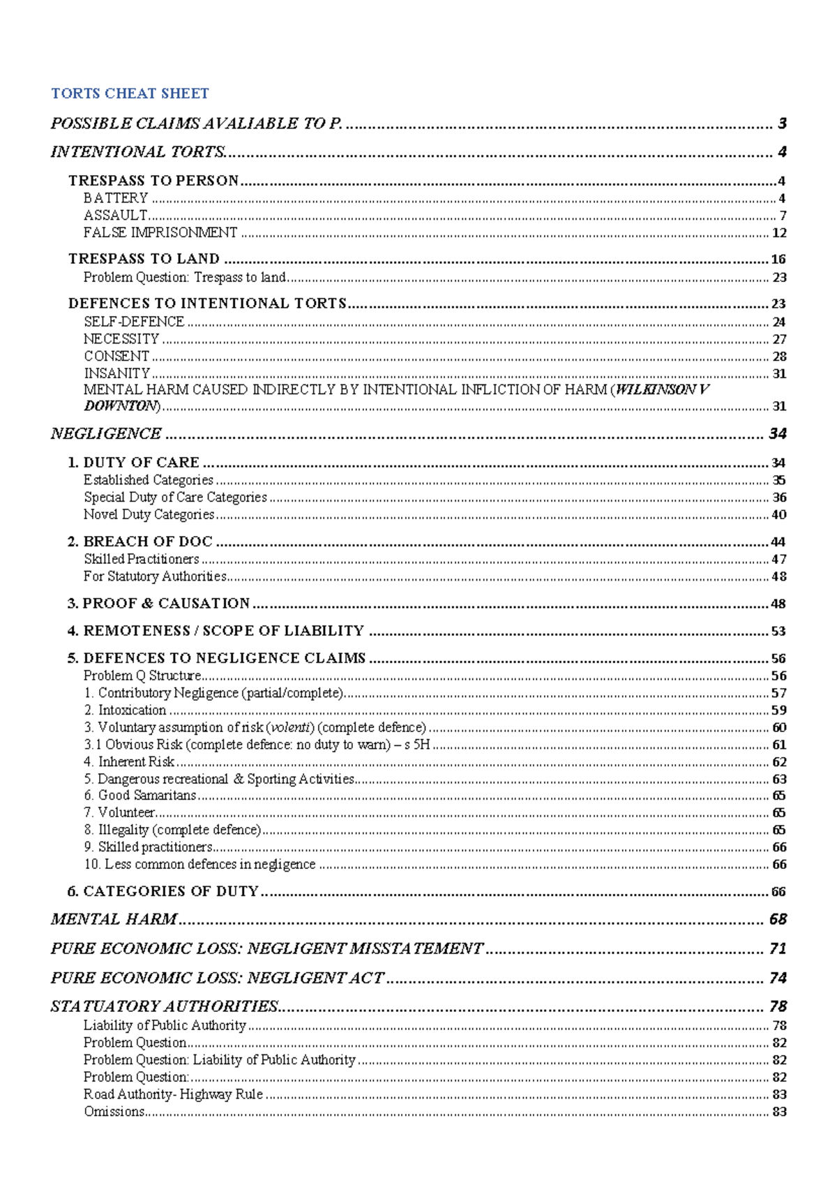 TORTS 101: Comprehensive Cheat Sheet for Final Exam Claims - Studocu