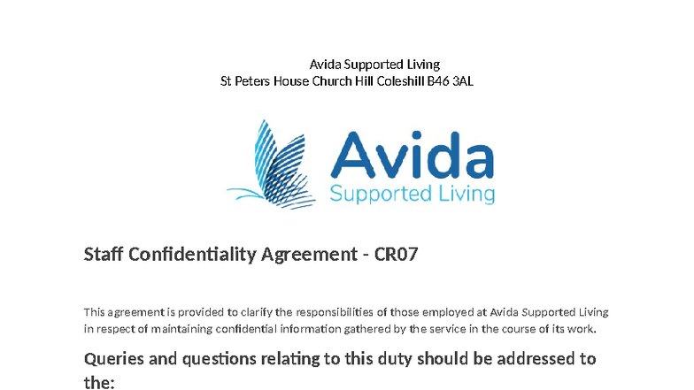 Staff Confidentiality Agreement CR07 for Avida Supported Living - Studocu