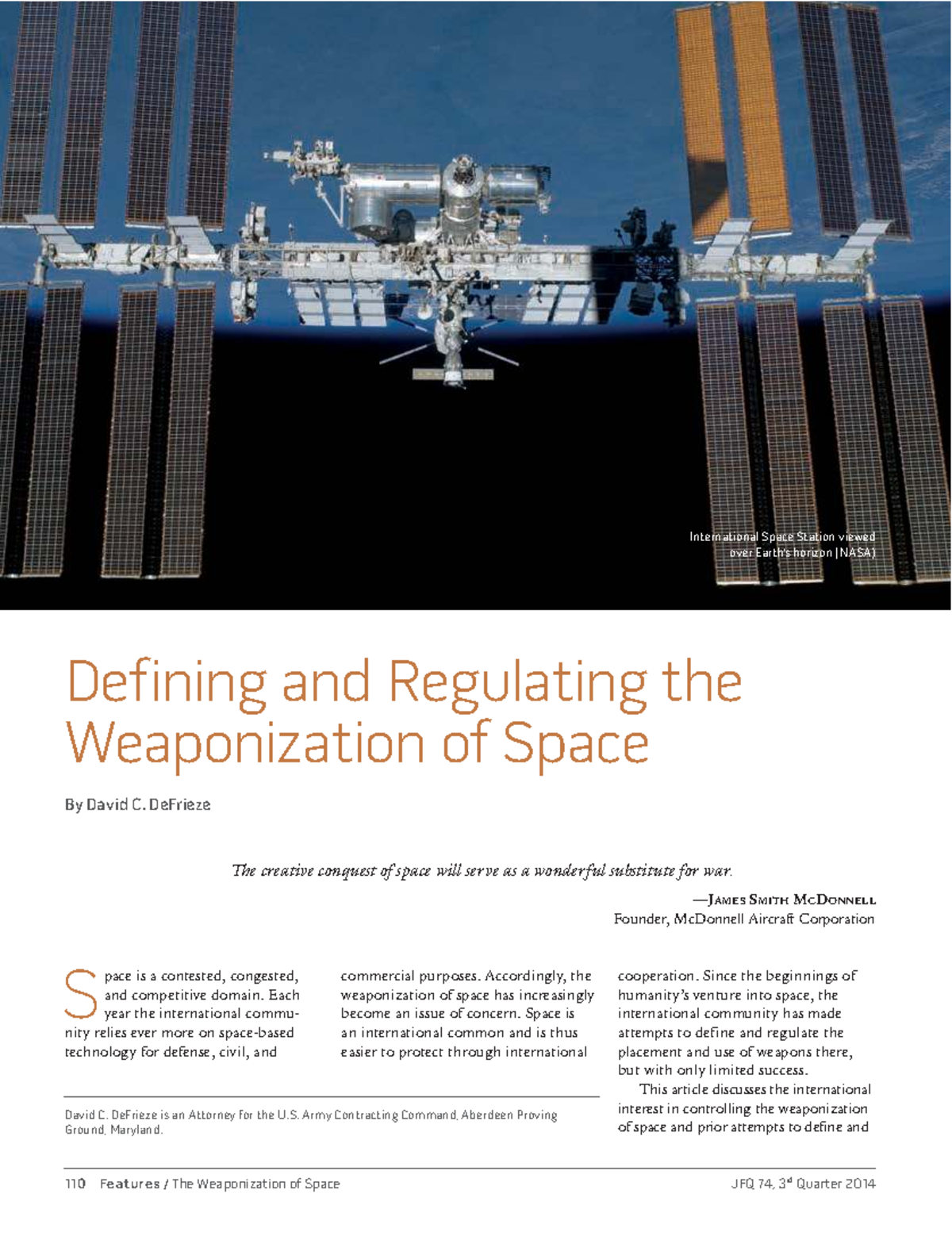 Defining and Regulating the Weaponization of Space: JFQ 74 Insights ...