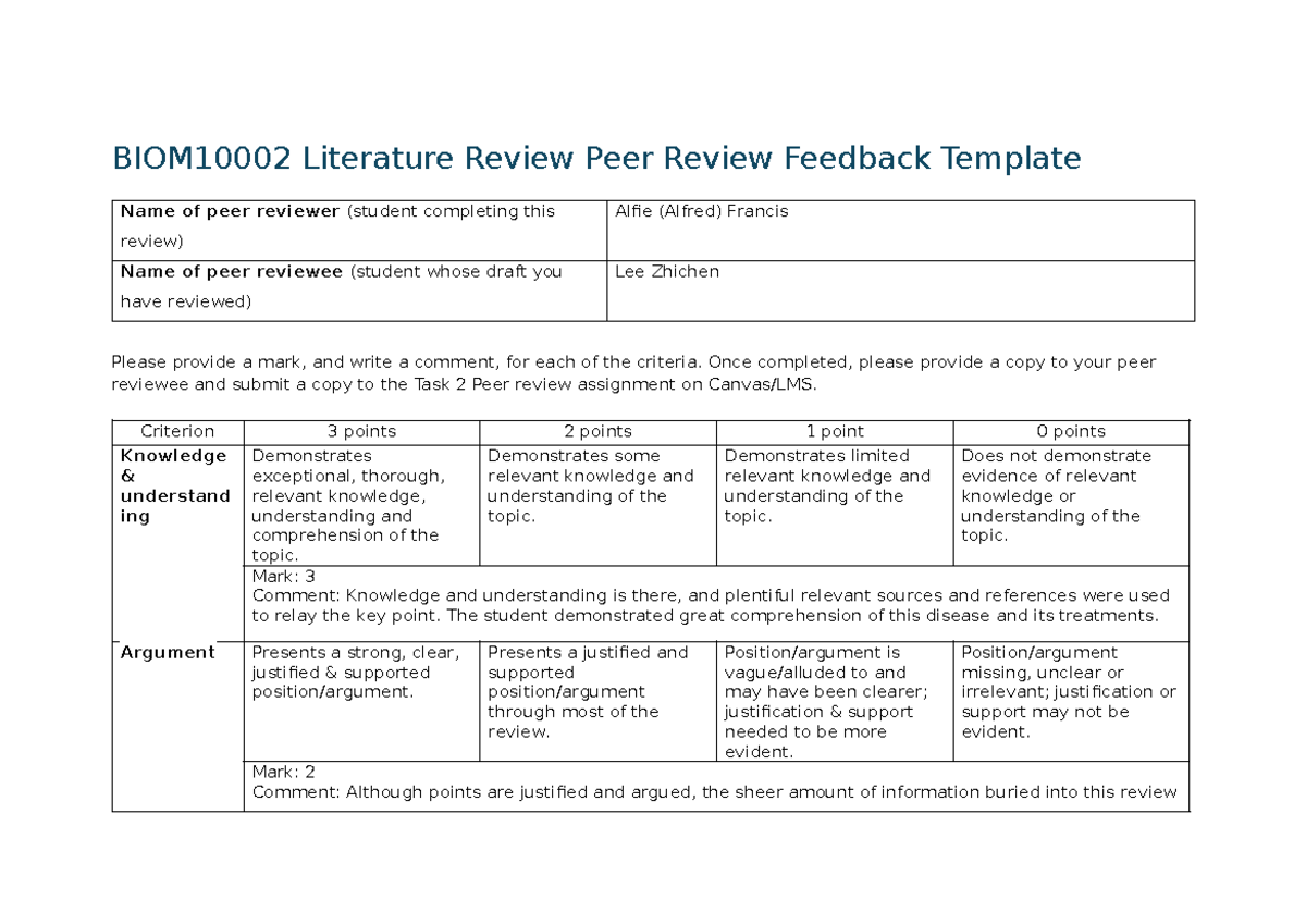 Feedback Template - BIOM10002 Literature Review Peer Review Feedback ...
