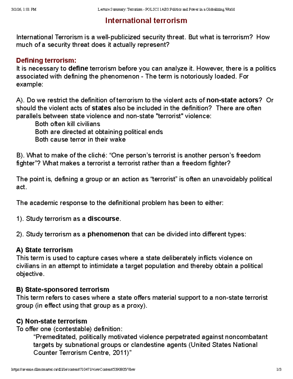 Lecture Summary: Terrorism in POLSCI 1AB3 - Politics & Power Globally ...