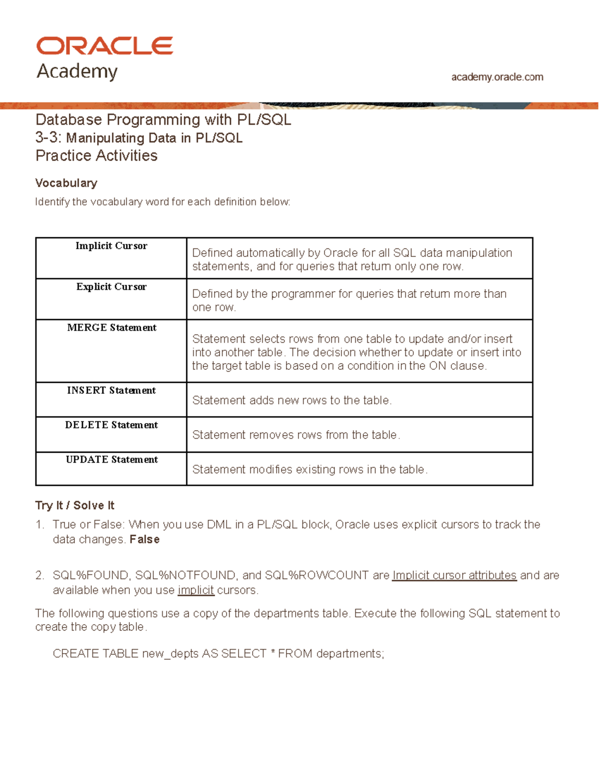 Plsql 3 3 Practice - Database System with Administration - Database Programming with PL/SQL 3-3 ...