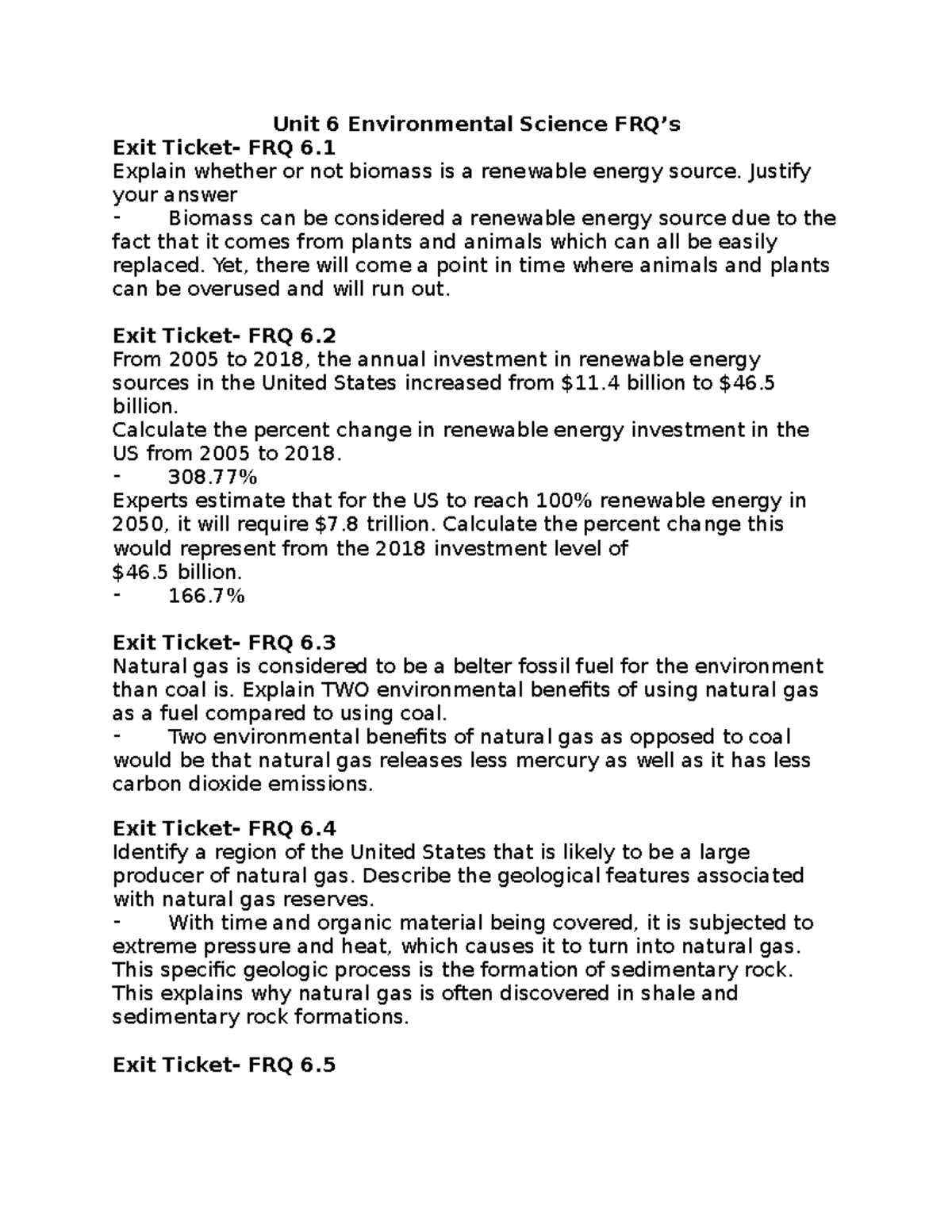 Unit 6 Environmental Science Final Exam FRQs on Renewable Energy - Studocu