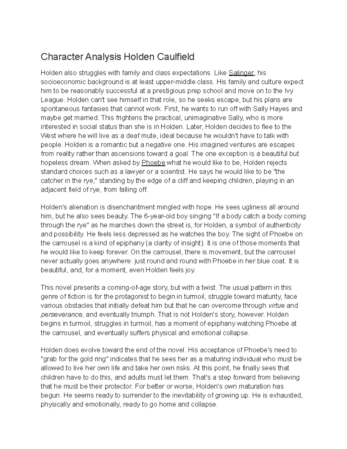 Character Analysis of Holden Caulfield and Phoebe - Eng 101 Notes - Studocu