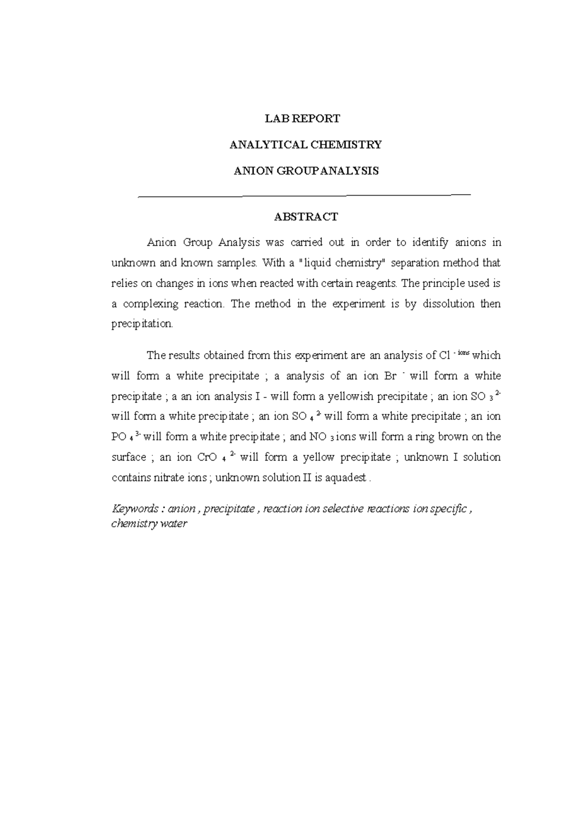 CHEM 101: Anion Group Analysis Lab Report and Results - Studocu