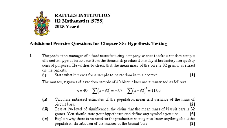 S5 Hypothesis Testing Additional Practice Questions (H2 Math 9758 ...